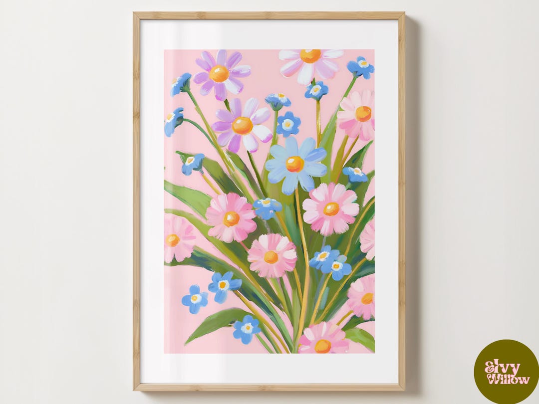 Pink Forget Me Nots & Daisy Flower Print - Flower Poster - Colourful ...