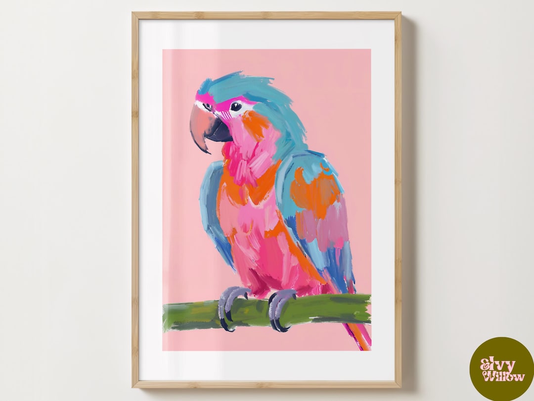 Blue & Pink Bright Parrots Wall Art Print - Colourful Bird Poster ...