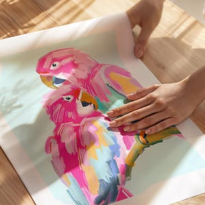 Blue & Pink Bright Parrots Wall Art Print - Colourful Bird Poster ...