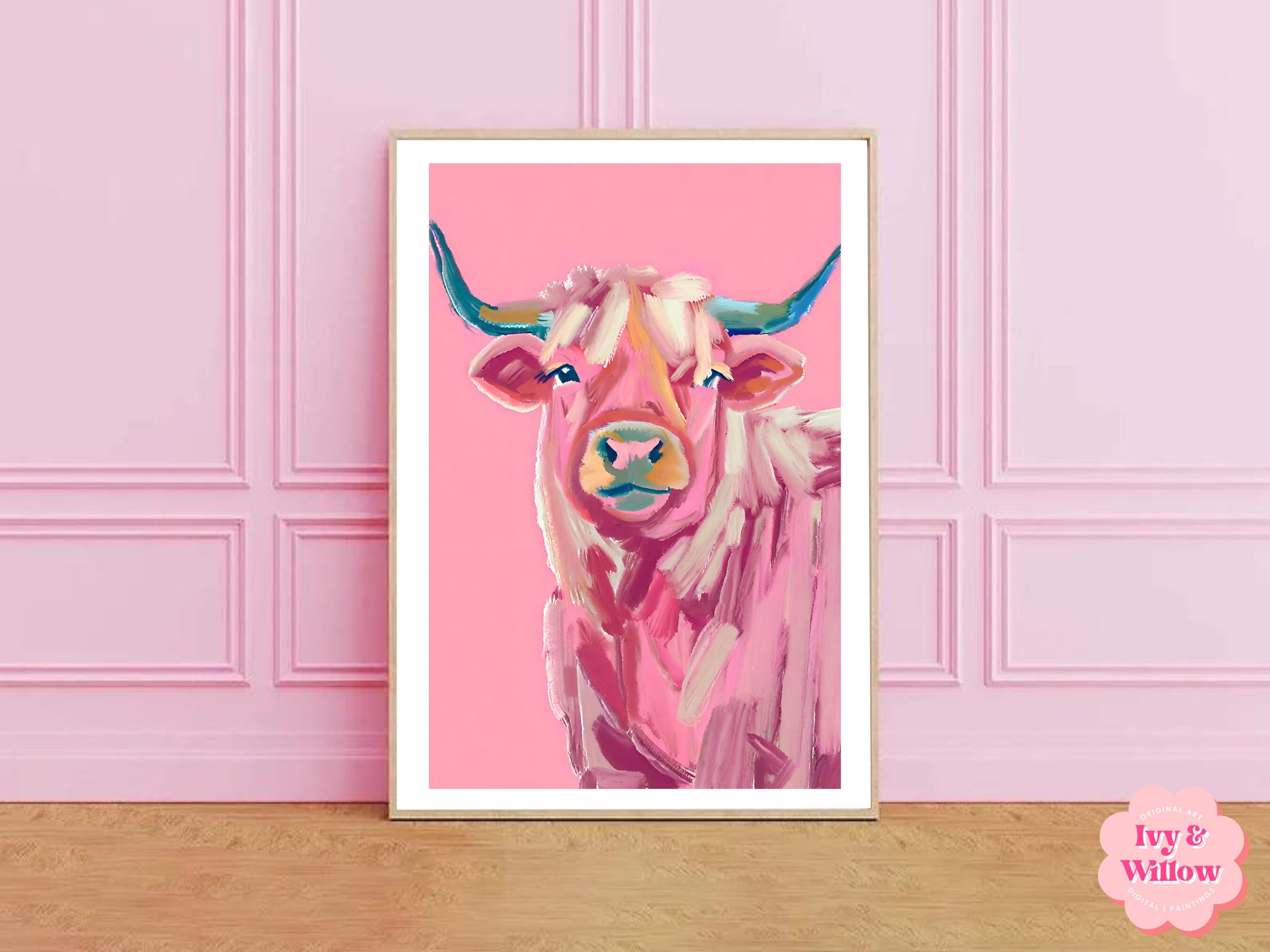 Pink Highland Cow Wall Art Print Farmhouse Decor Animal Portrait ...