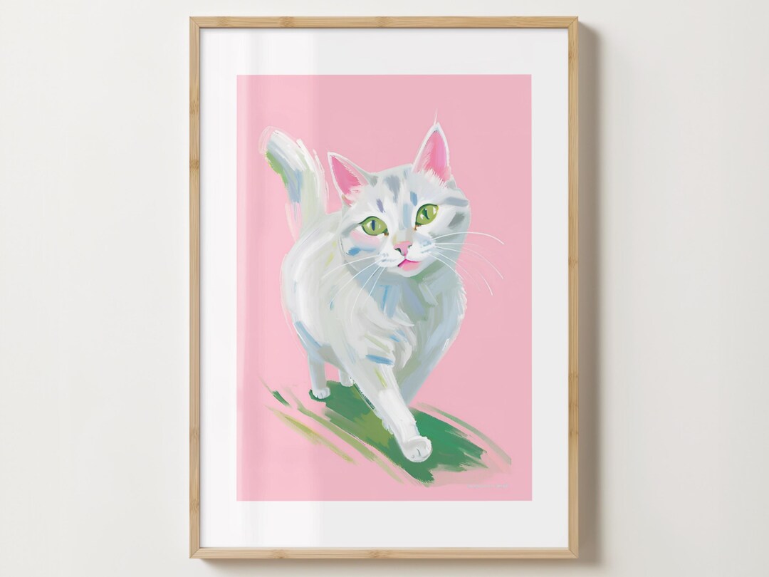 Pink & White Cat Wall Art Print - White Kitten Poster - Home Art Print ...