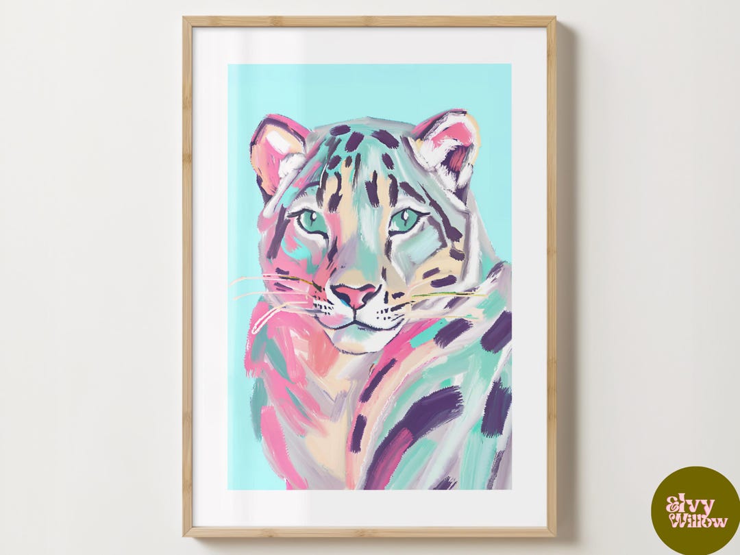 Blue Trendy Snow Leopard Wall Art Print - Leopard Print Art Decor ...
