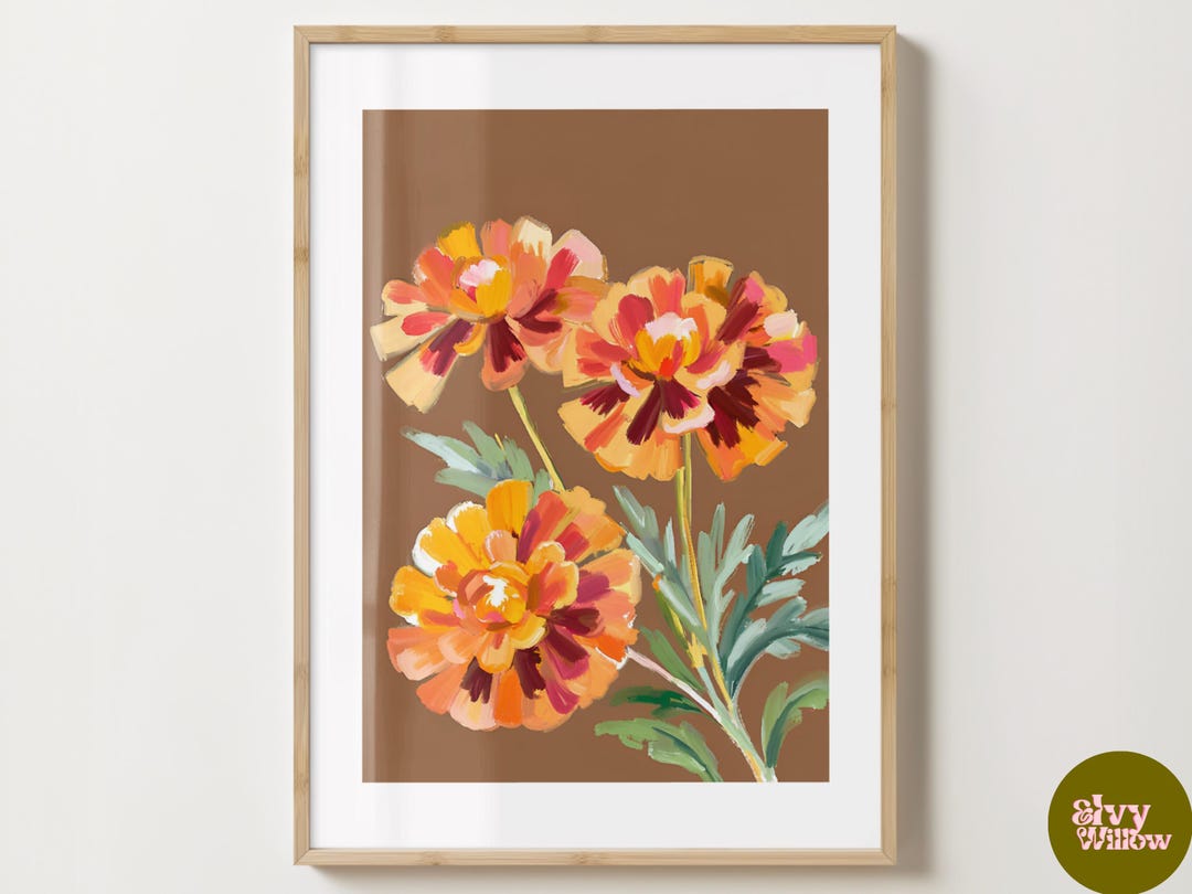 Brown Marigold Flower Print - Flower Poster - Marigolds Art - Bar Cart ...