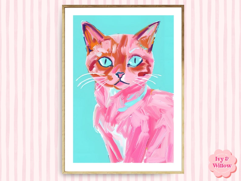 Blue & Pink Cat Wall Art Print Bright Kitten Poster Home Art Print ...