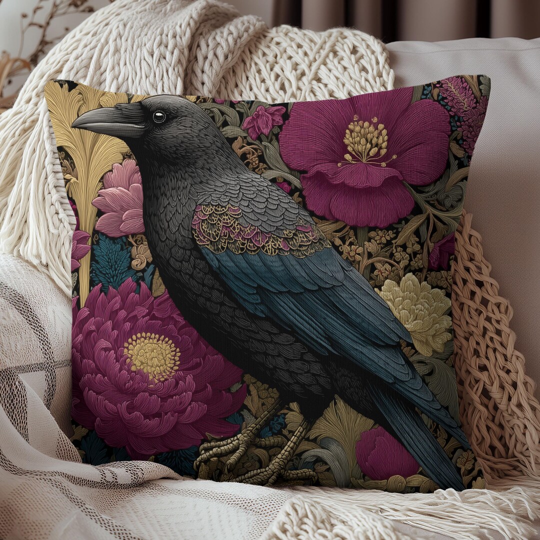 Raven & Peony Floral Pillow: Gothic Dark Academia Home Decor - Etsy