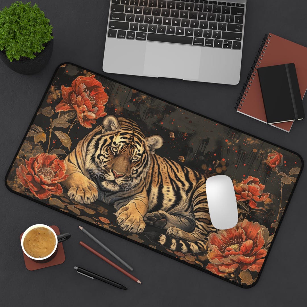 Art Deco Tiger Floral Desk Mat: Leopard Print Gamer Pad - Etsy