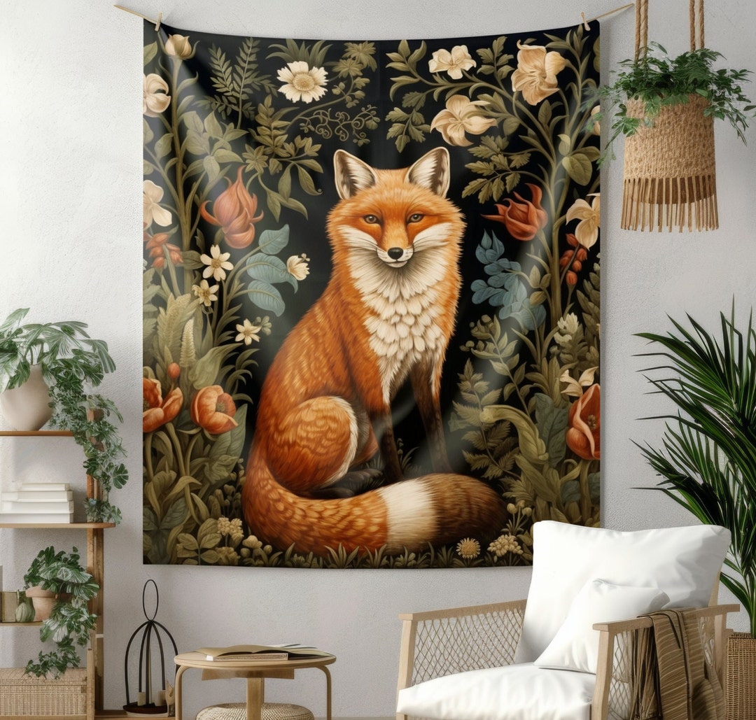 William Morris Inspired Botanical Fox Print, Cottagecore Vintage Fox ...