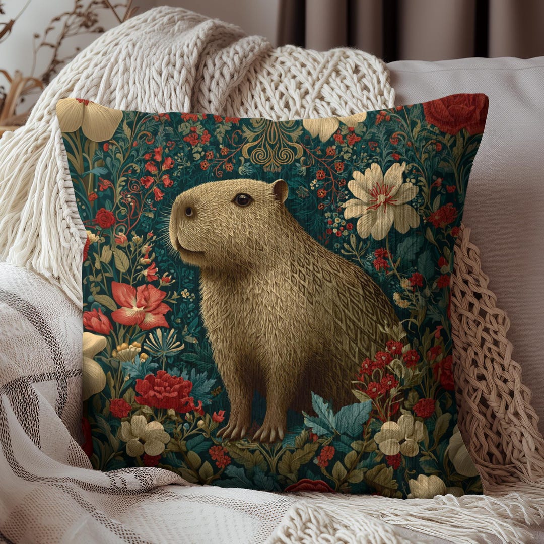 Capybara Floral Pillow, William Morris Style Botanical Animal Cushion ...