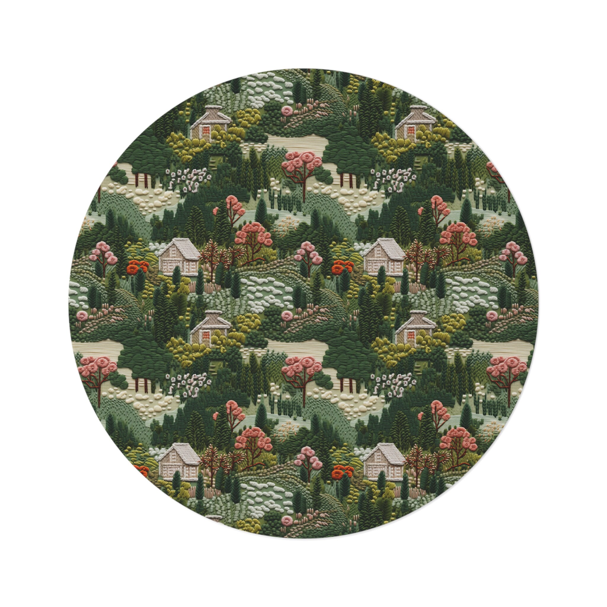 Forest Cottage Embroidery Pattern Round Area Rug, Cottagecore Living ...