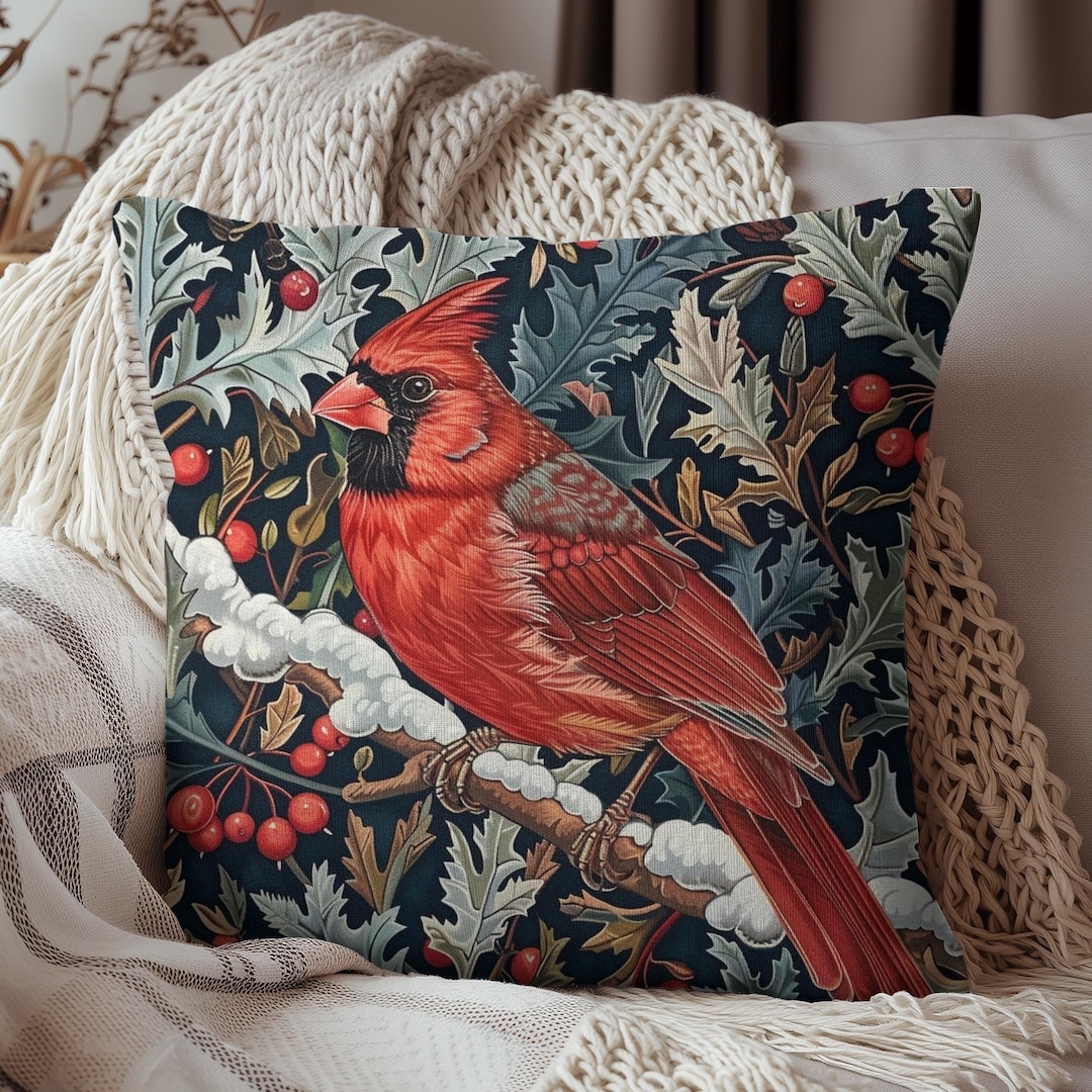 Red Cardinal Among Winter Florals Decorative Pillow, William Morris ...