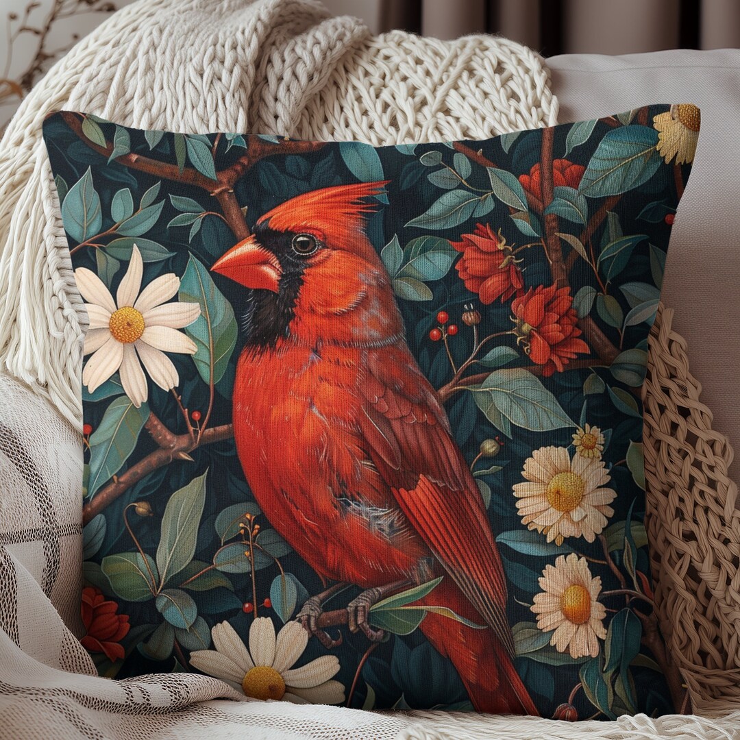 Botanical Red Cardinal Decorative Polyester Square Pillow William ...