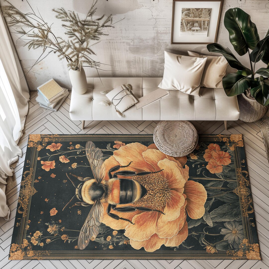 Vintage Botanical Bumblebee Rectangle Area Rug, Cottagecore Living Room ...