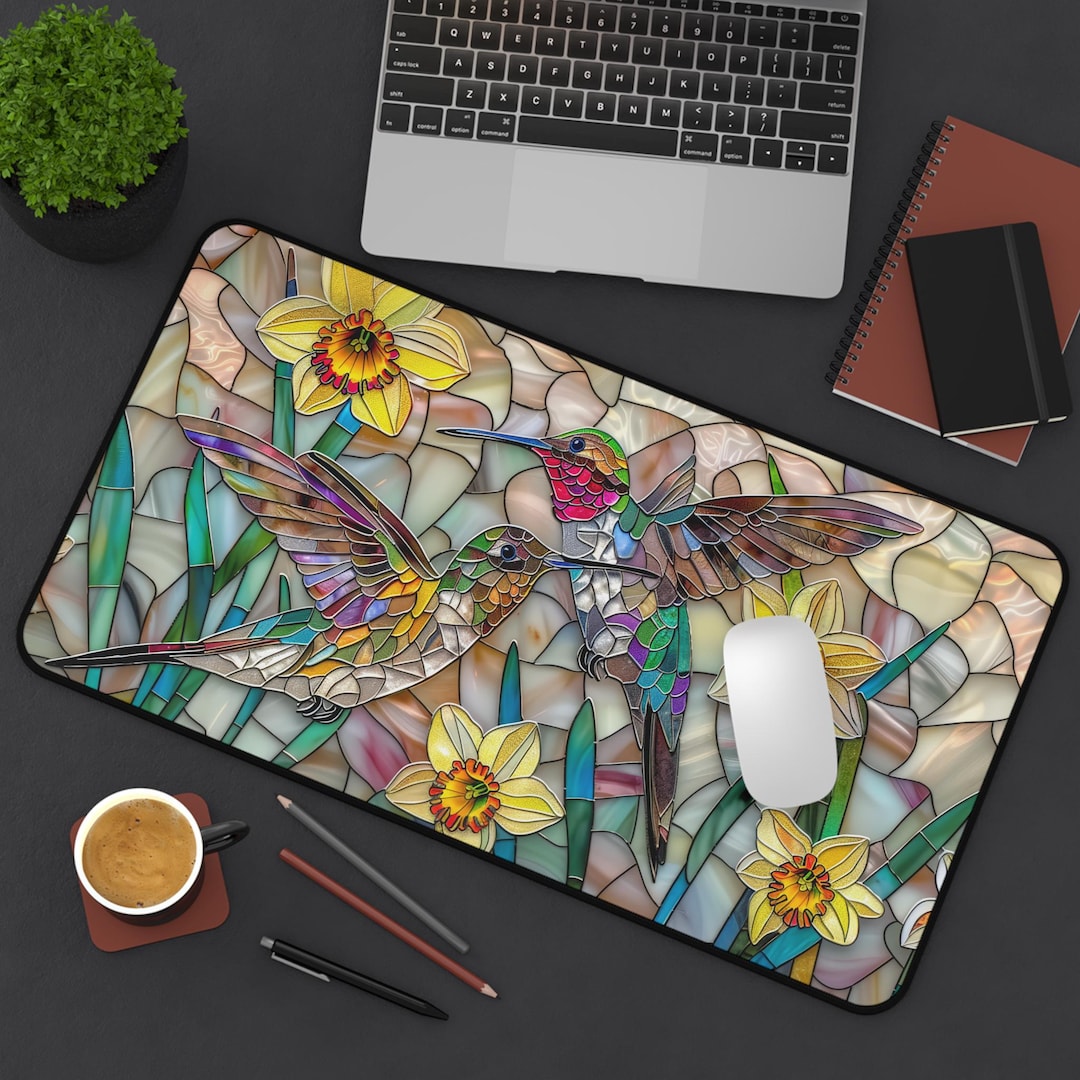 Stained Glass Hummingbirds Flight Daffodils Desk Mat, Bird Lover Gift ...