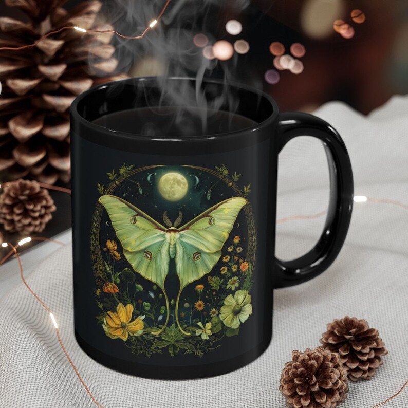 William Morris Inspired Luna Moth Full Moon Black Coffee Mug 11oz ...