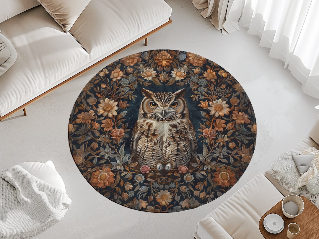 William Morris Inspired Botanical Screech Owlround Rug, William Morris ...