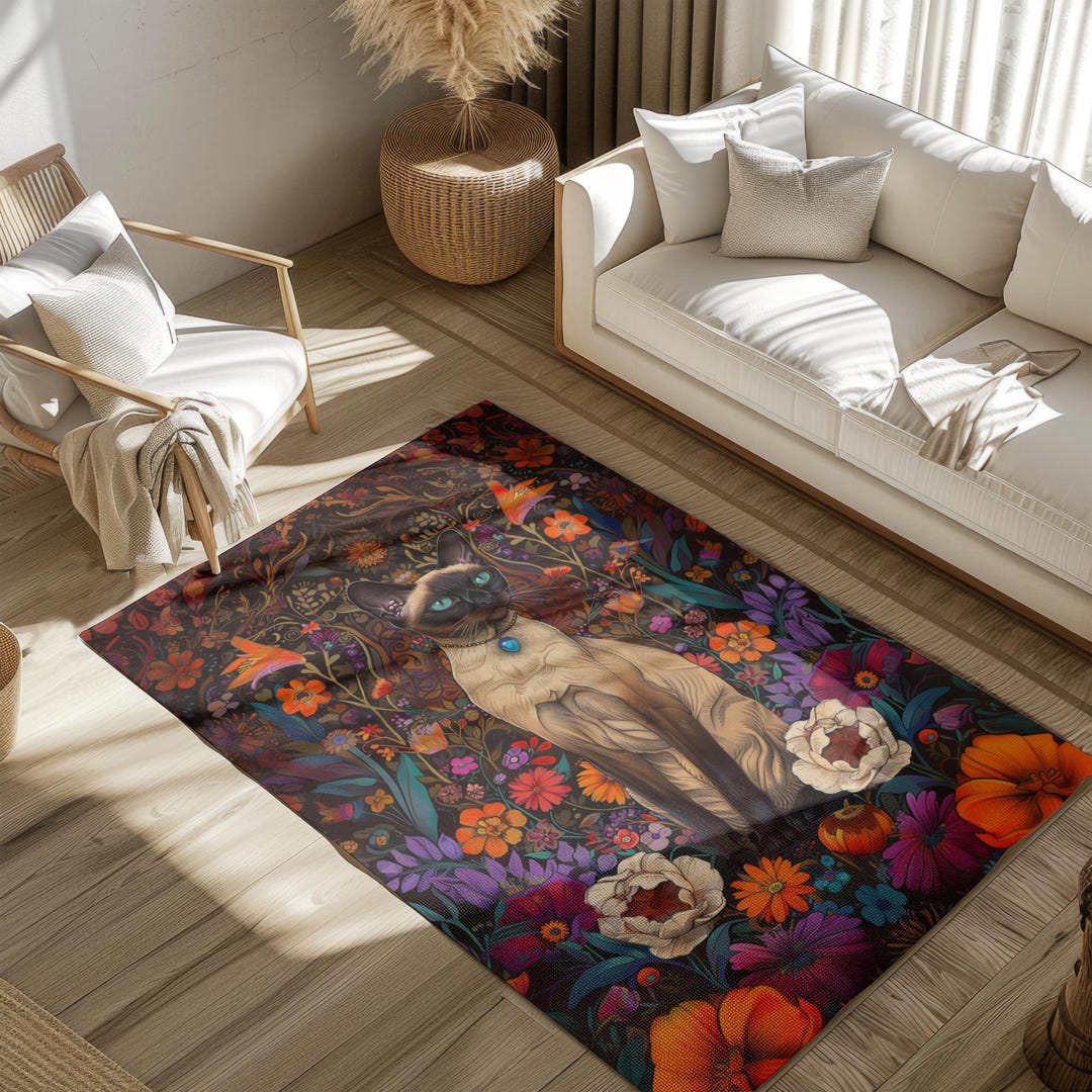 Siamese Cat William Morris Inspired Rectangle Area Rug, Floral Cat ...