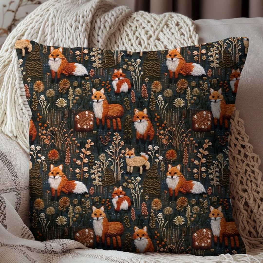 Woodland Foxes Embroidery Pattern Pillow | Cottagecore Art Nouveau ...