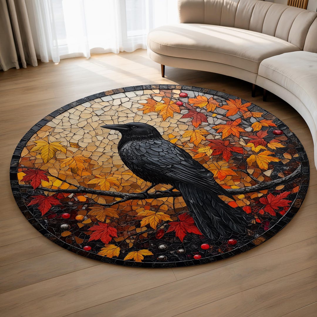 Autumn Raven Round Rug, Gothic Mosaic Bird Design, Fall Leaves Nature ...