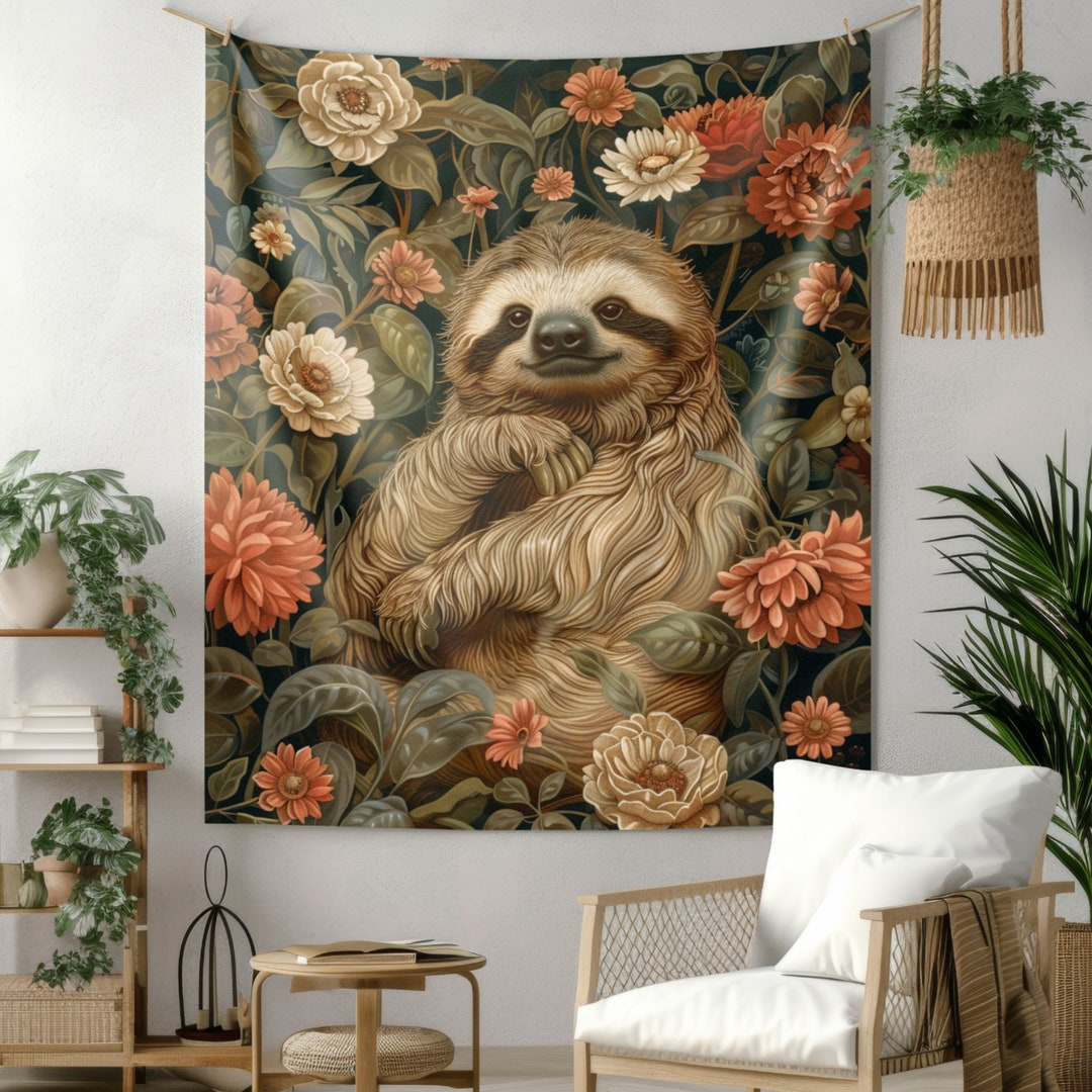 Tapestry of Botanical Sloth William Morris Medieval Style Wall Art ...