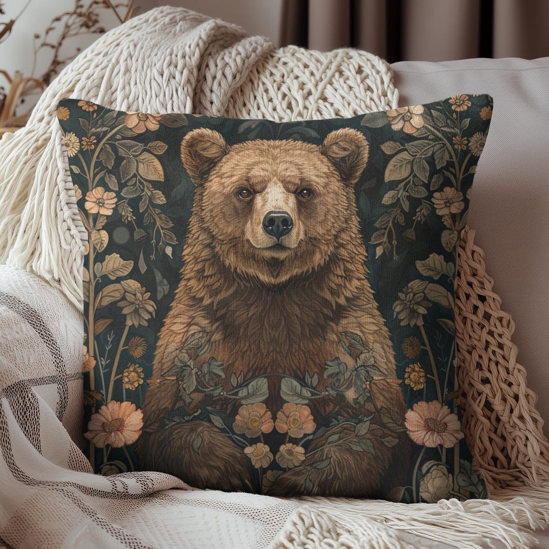 William Morris Inspired Forest Bear Decorative Pillow | Cottage-core ...