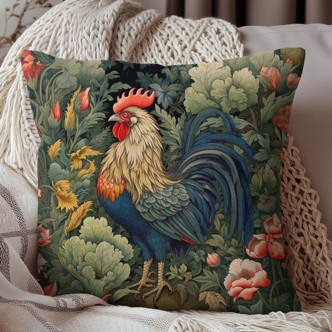 William Morris Inspired Rooster Pillow: Botanical Cottagecore Decor - Etsy