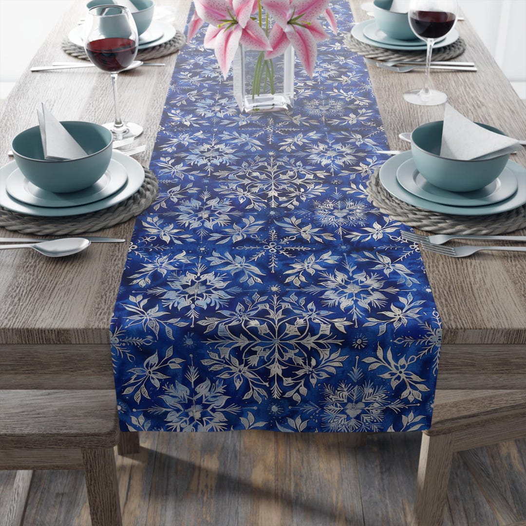 Royal Blue Snowflake Pattern, Batik Art Style, Table Runner Home Decor ...