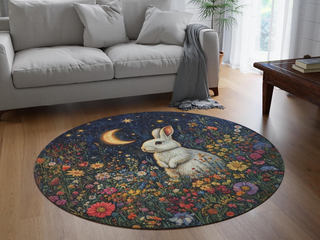 Victorian Rabbit Moon Round Rug - Celestial Nursery Decor, Boho Living ...