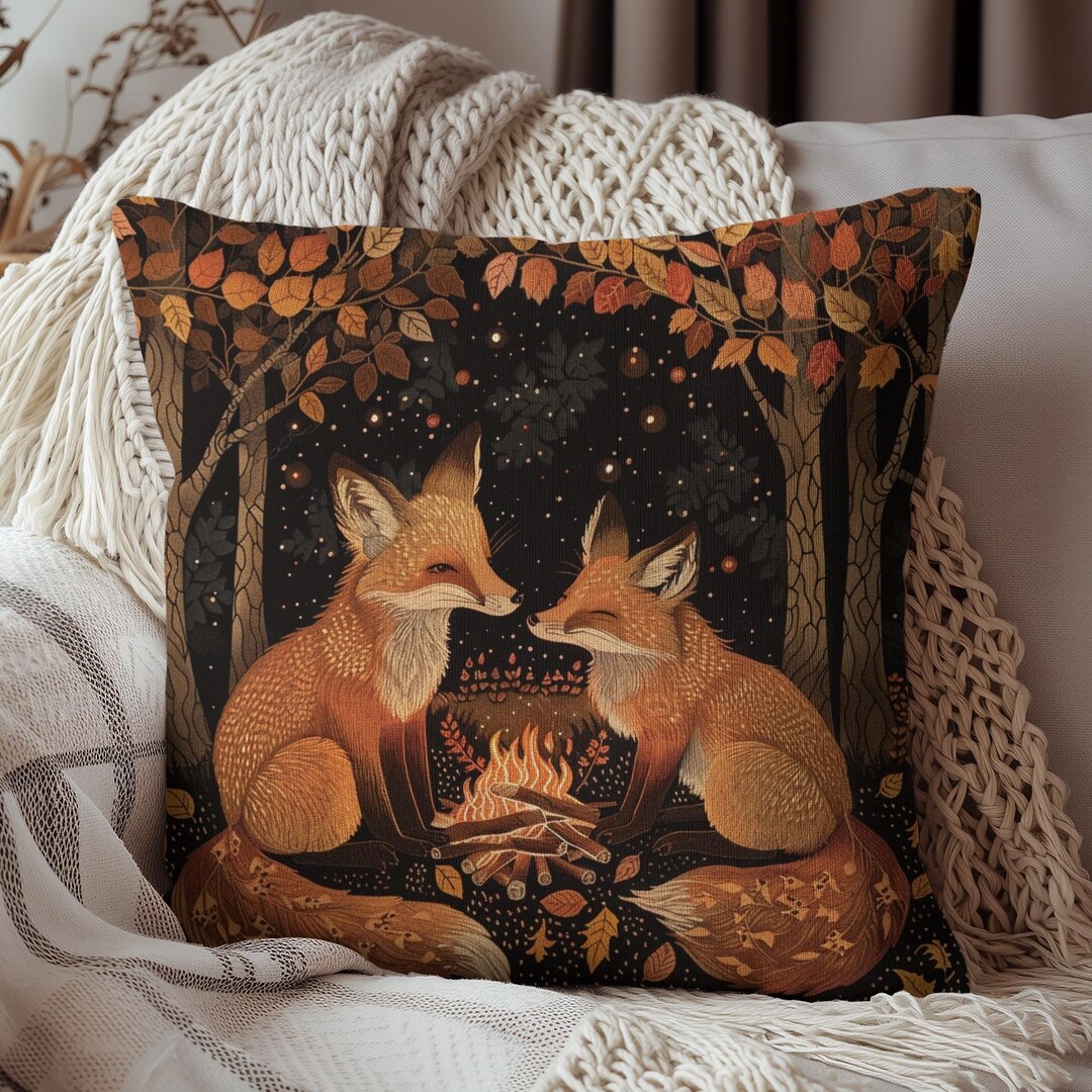 William Morris Inspired Couple Fox Bonfire Fall Forest Decorative ...