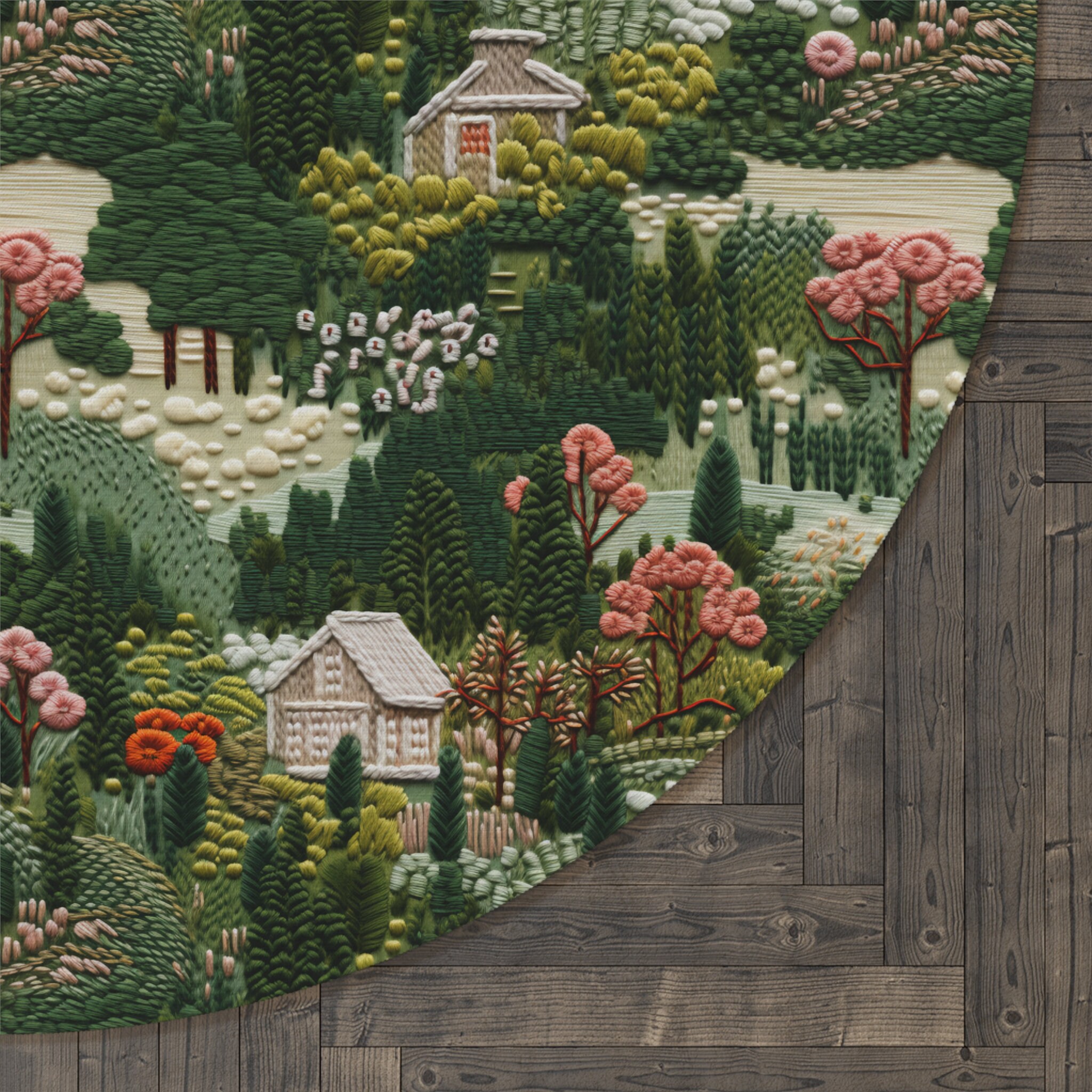 Forest Cottage Embroidery Pattern Round Area Rug, Cottagecore Living ...