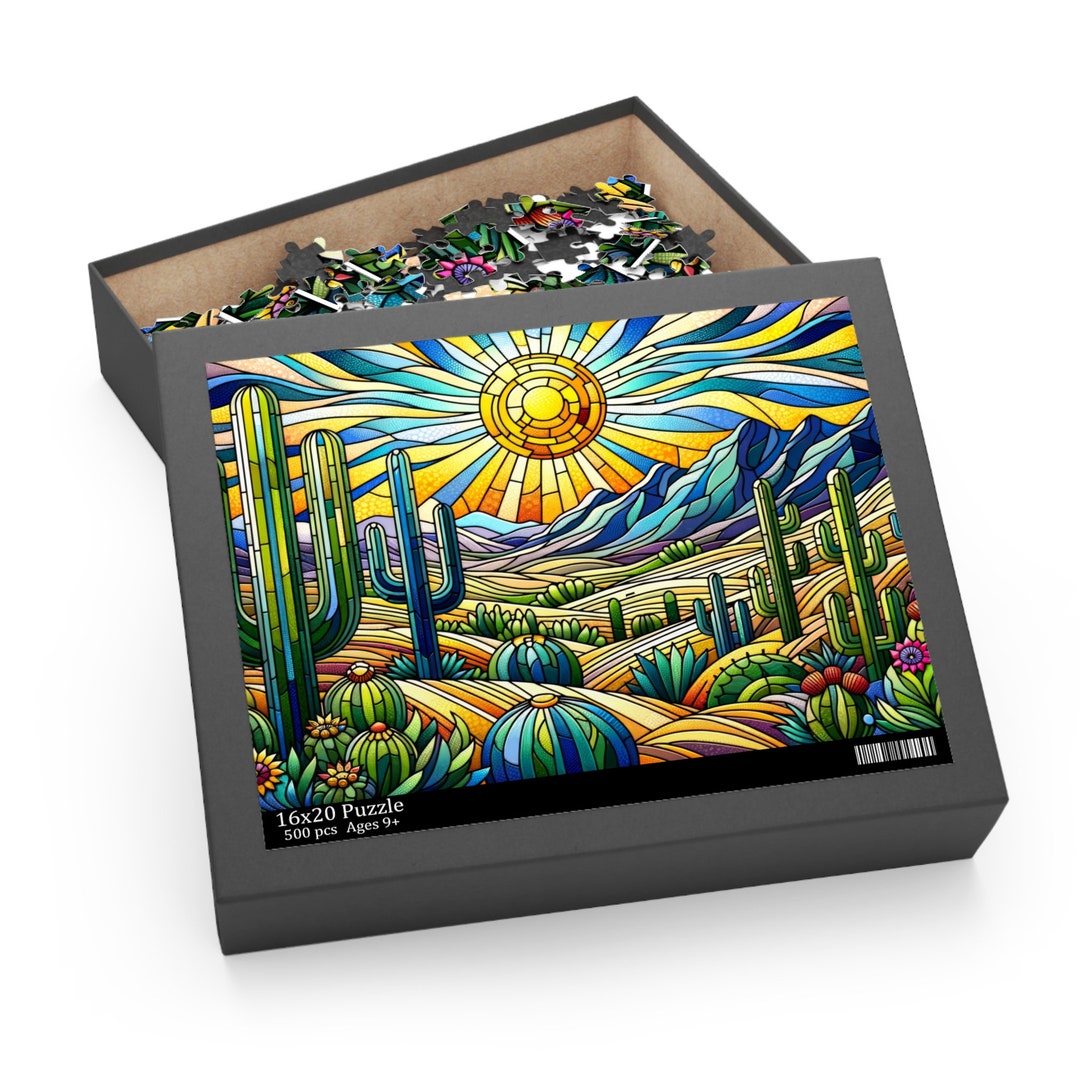 Cactus Dessert Scene Stained Glass Jigsaw Puzzle Box (120, 252, 500 ...