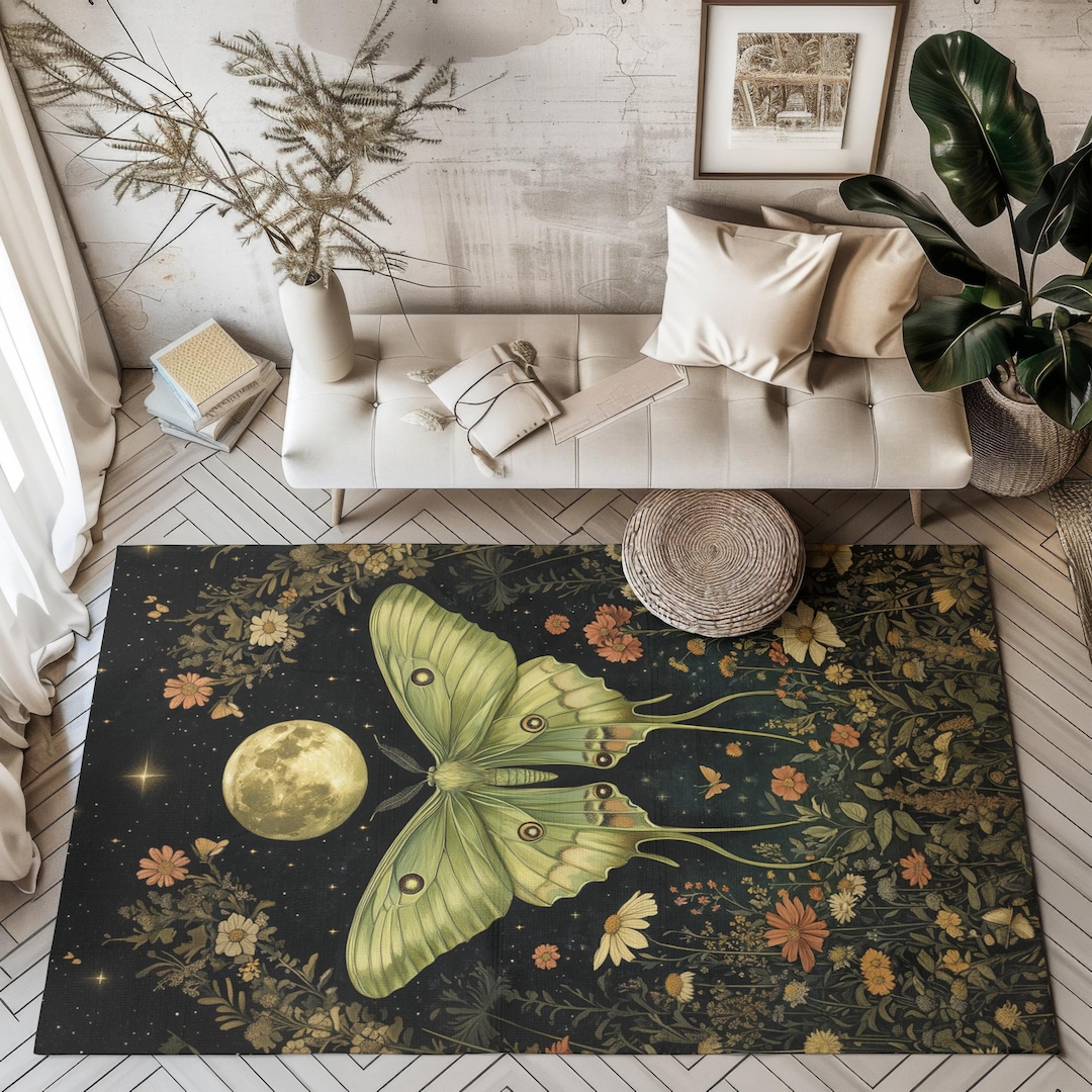 Luna Moth Area Rug: Cottagecore Floral Moon Carpet - Etsy