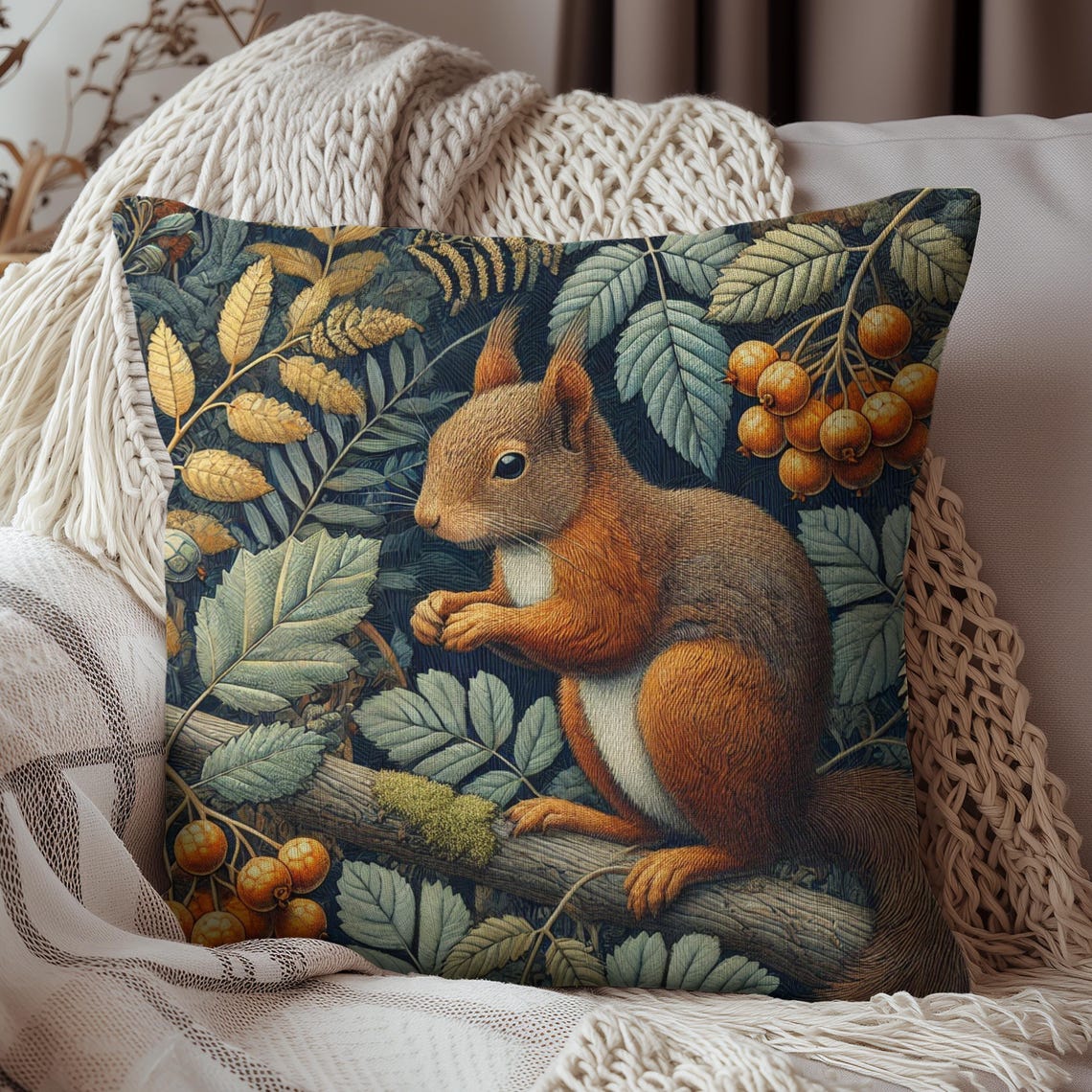 William Morris Inspired Woodland Squirrel Orange Berry Cottagecore ...
