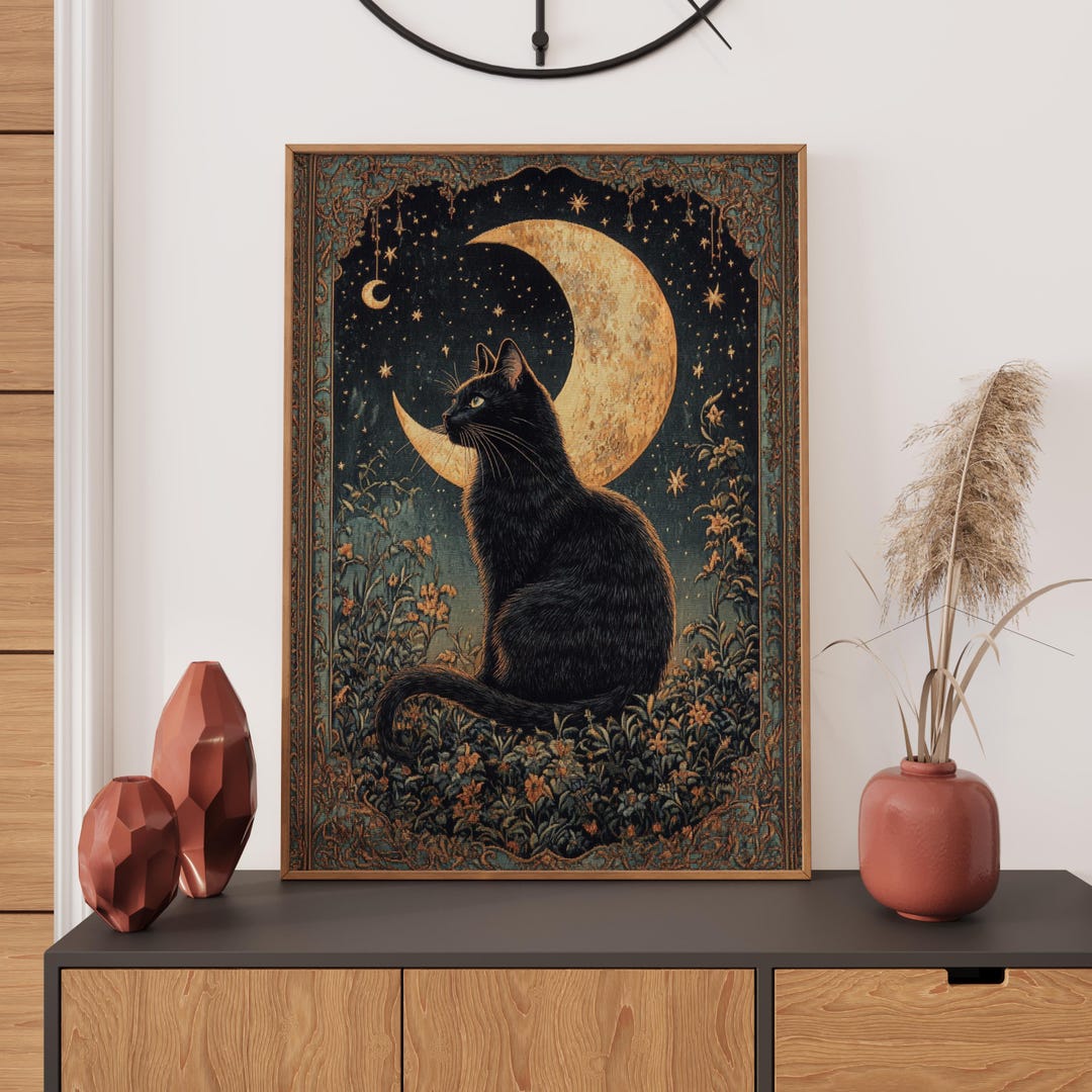 Black Cat Moon Stars Vintage Art Print (digital Download) - Etsy