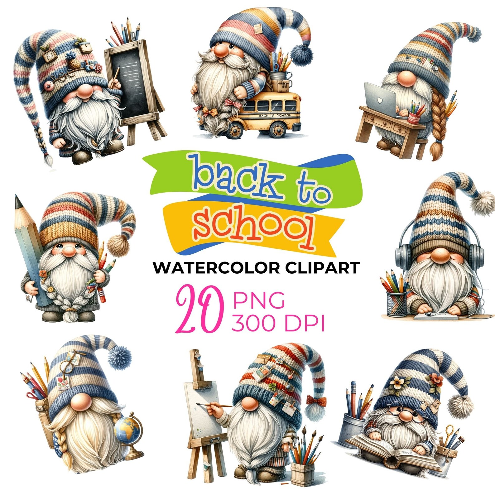 Back to School Gnome Clipart Bundle, Cute Watercolor Gnomes, Graduation ...