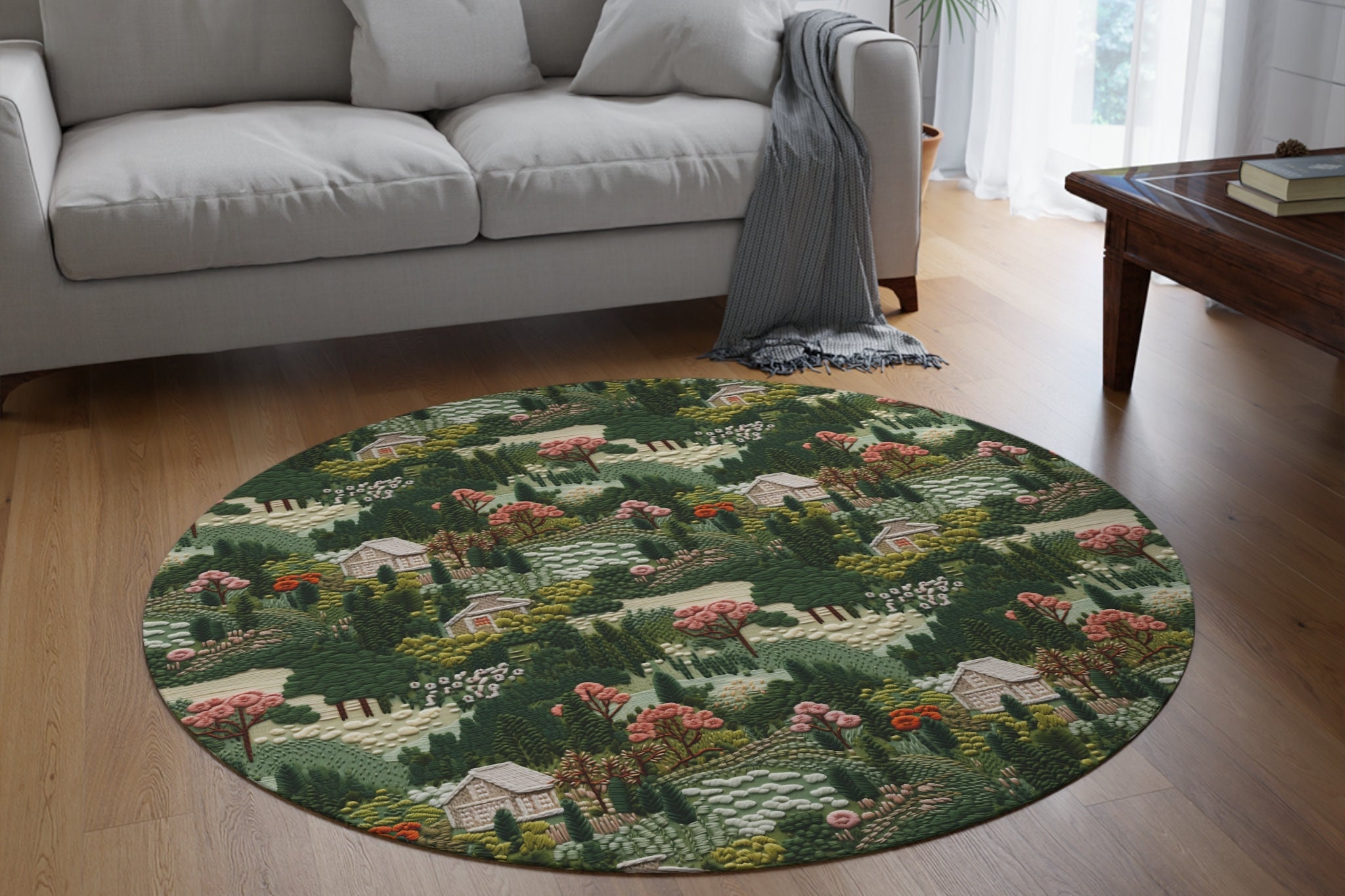 Forest Cottage Embroidery Pattern Round Area Rug, Cottagecore Living ...