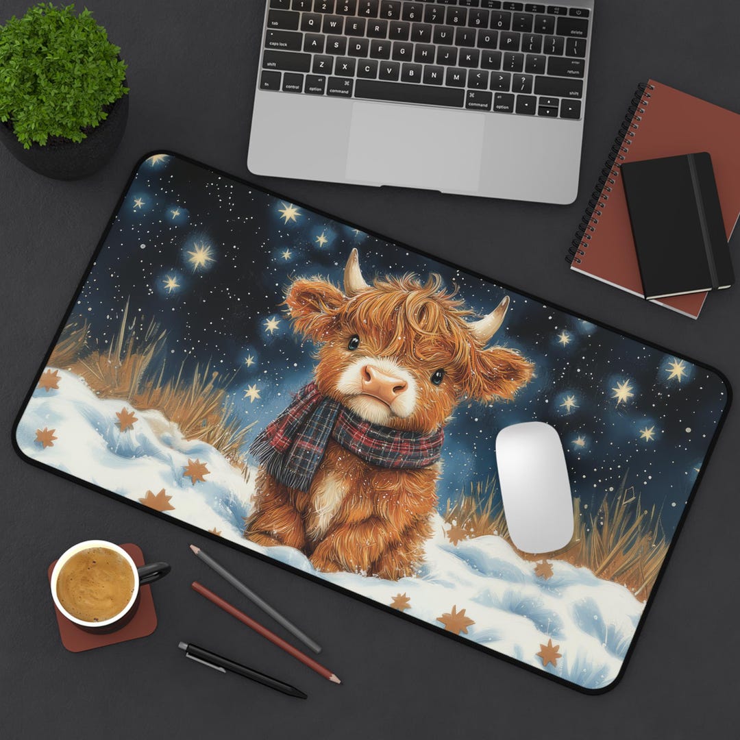 Winter Highland Cow Desk Mat: Cozy Gamer Office Decor - Etsy