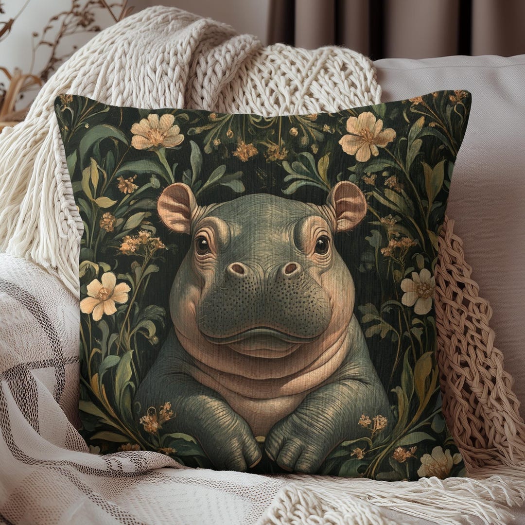 Baby Pygmy Hippopotamus William Morris Inspired Decorative Pillow ...