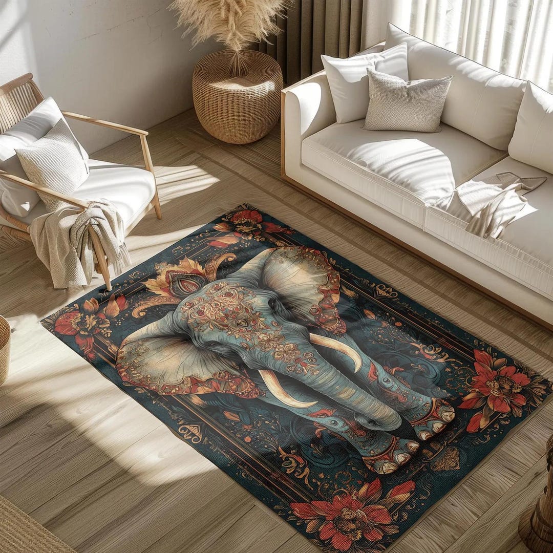 Vintage Elephant Rectangle Area Rug, Cottagecore Living Room Carpet ...