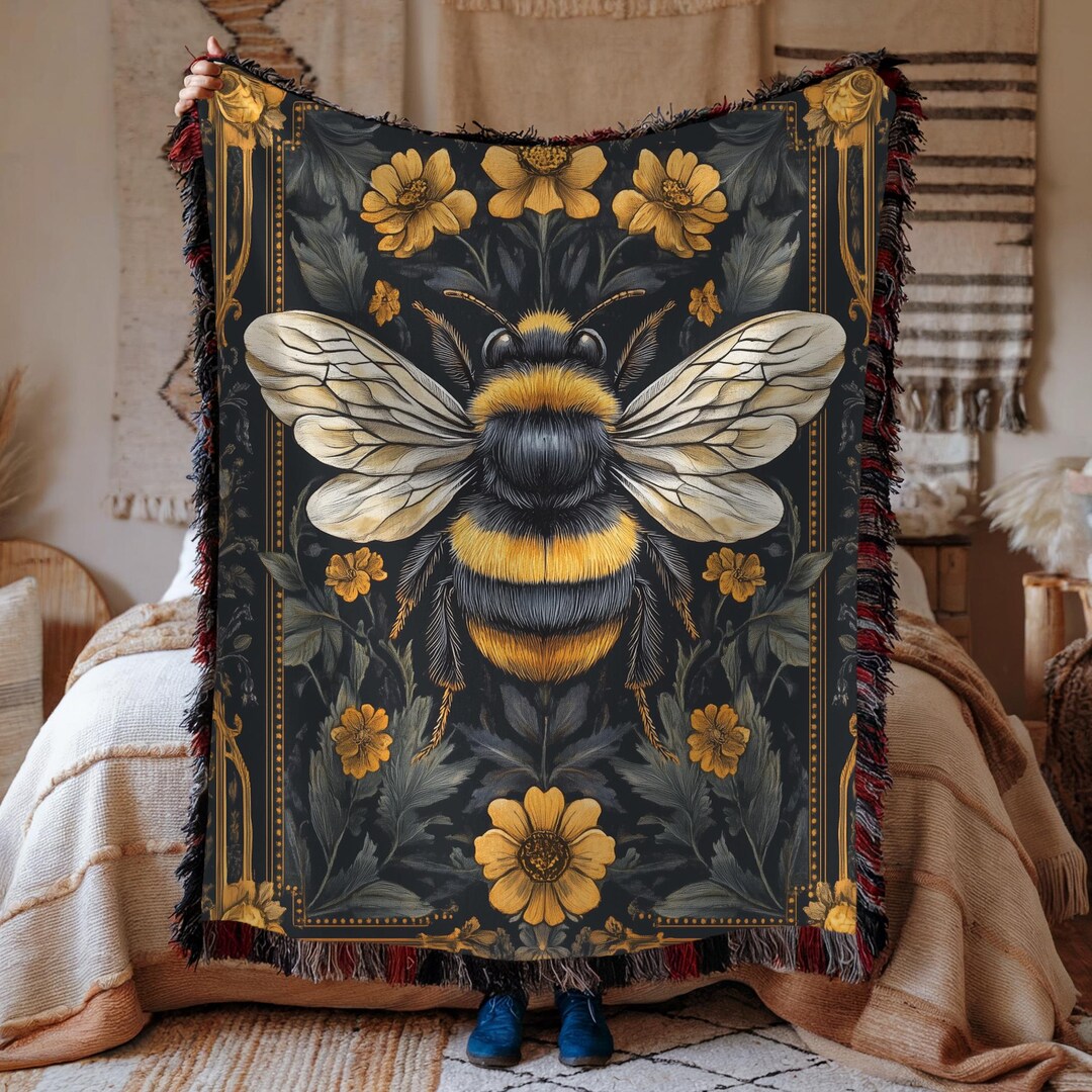 Golden Bumblebee Woven Cotton Blanket, Rustic Botanical Bee Throw - Etsy