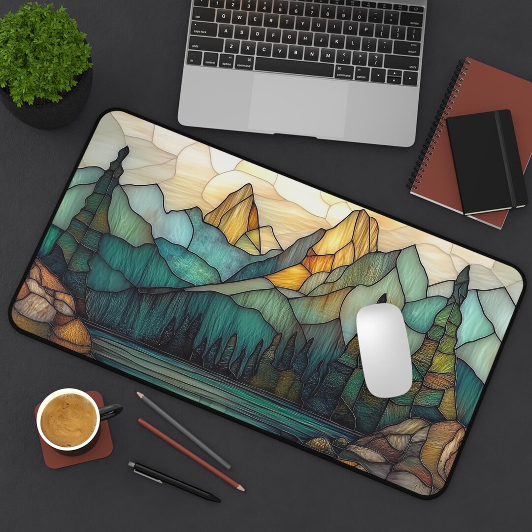 Mountain Forest Gaming Desk Mat, Stained Glass Nature Landscape ...