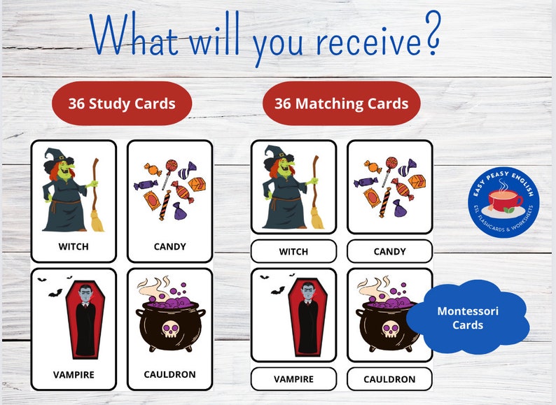 HALLOWEEN • 28 ESL Montessori Flashcards • Ready to Print, Easy to Cut ...