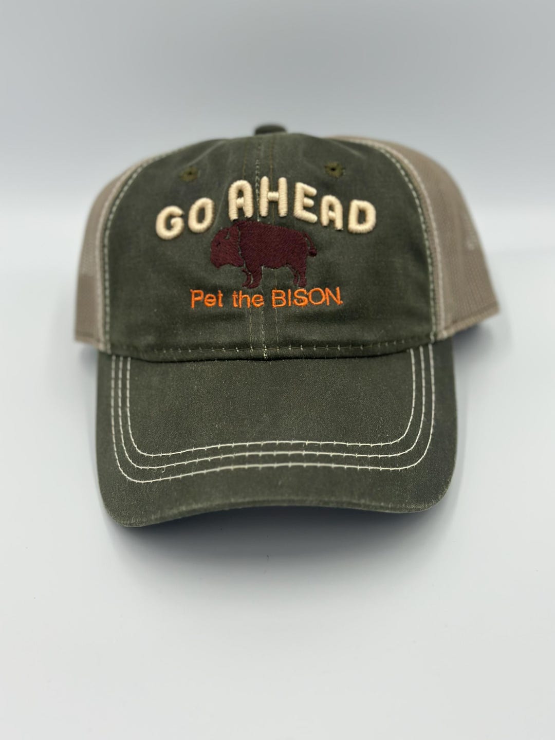 Embroidered Bison Cap: 'go Ahead, Pet the Bison' - Low Crown Cotton - Etsy