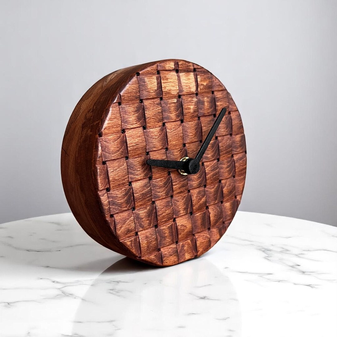 Wooden Analog Desk Clock - Rustic Round Design With Woven Pattern ...