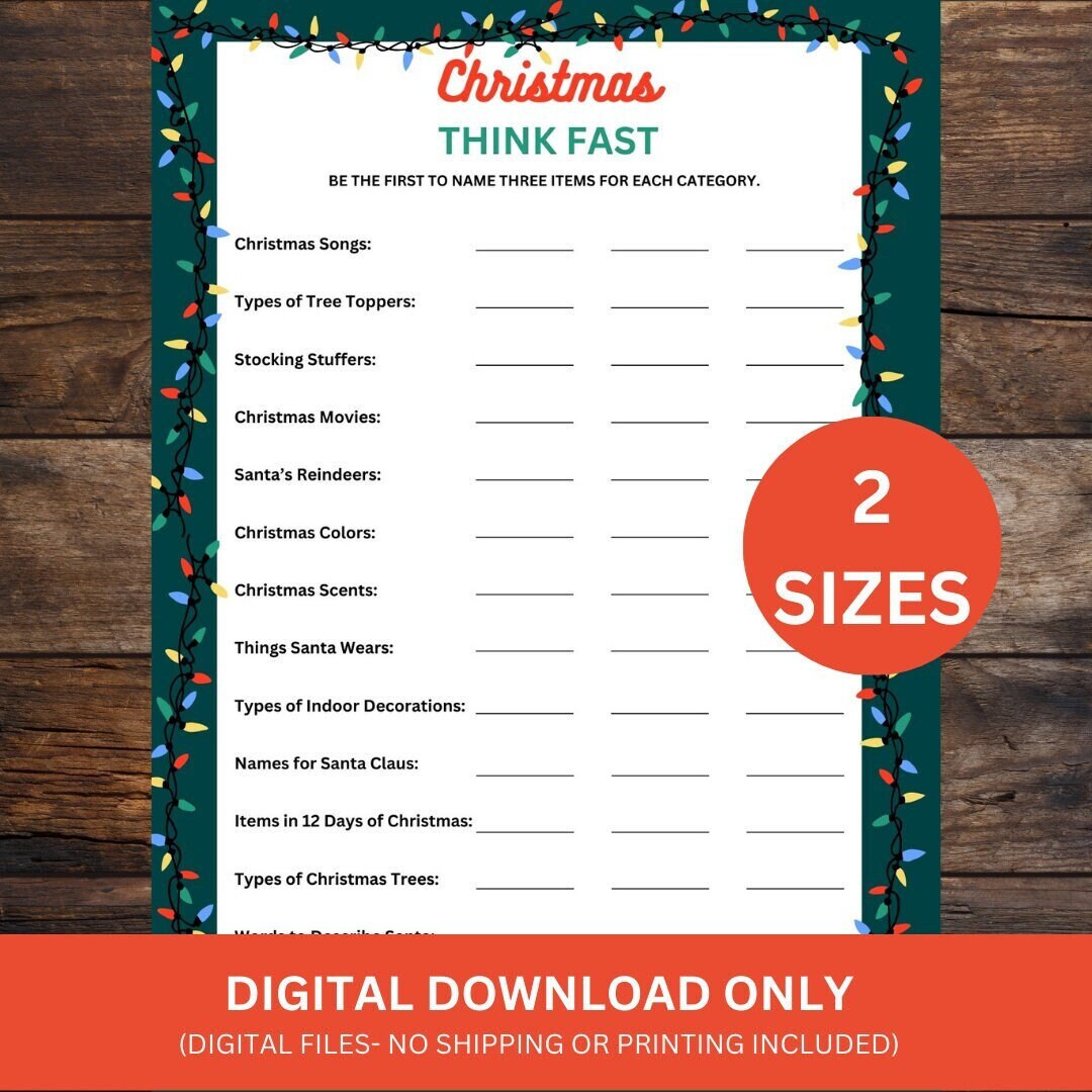 Printable Christmas Think Fast Game Christmas Day Activity Christmas ...