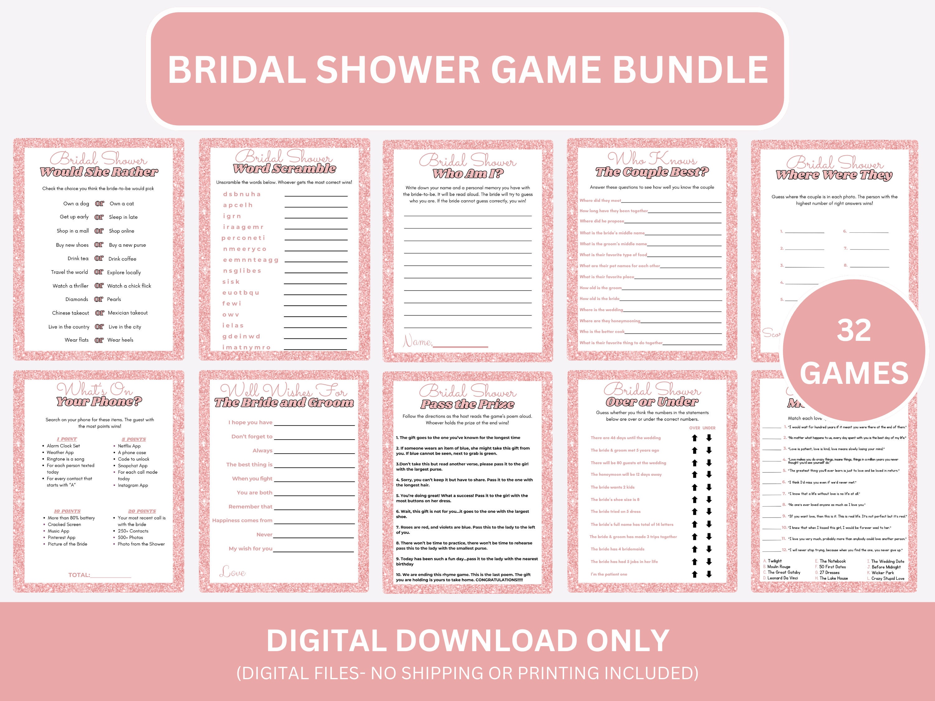Bridal Shower Games Bundle | Printable Bridal Shower | Package Games ...