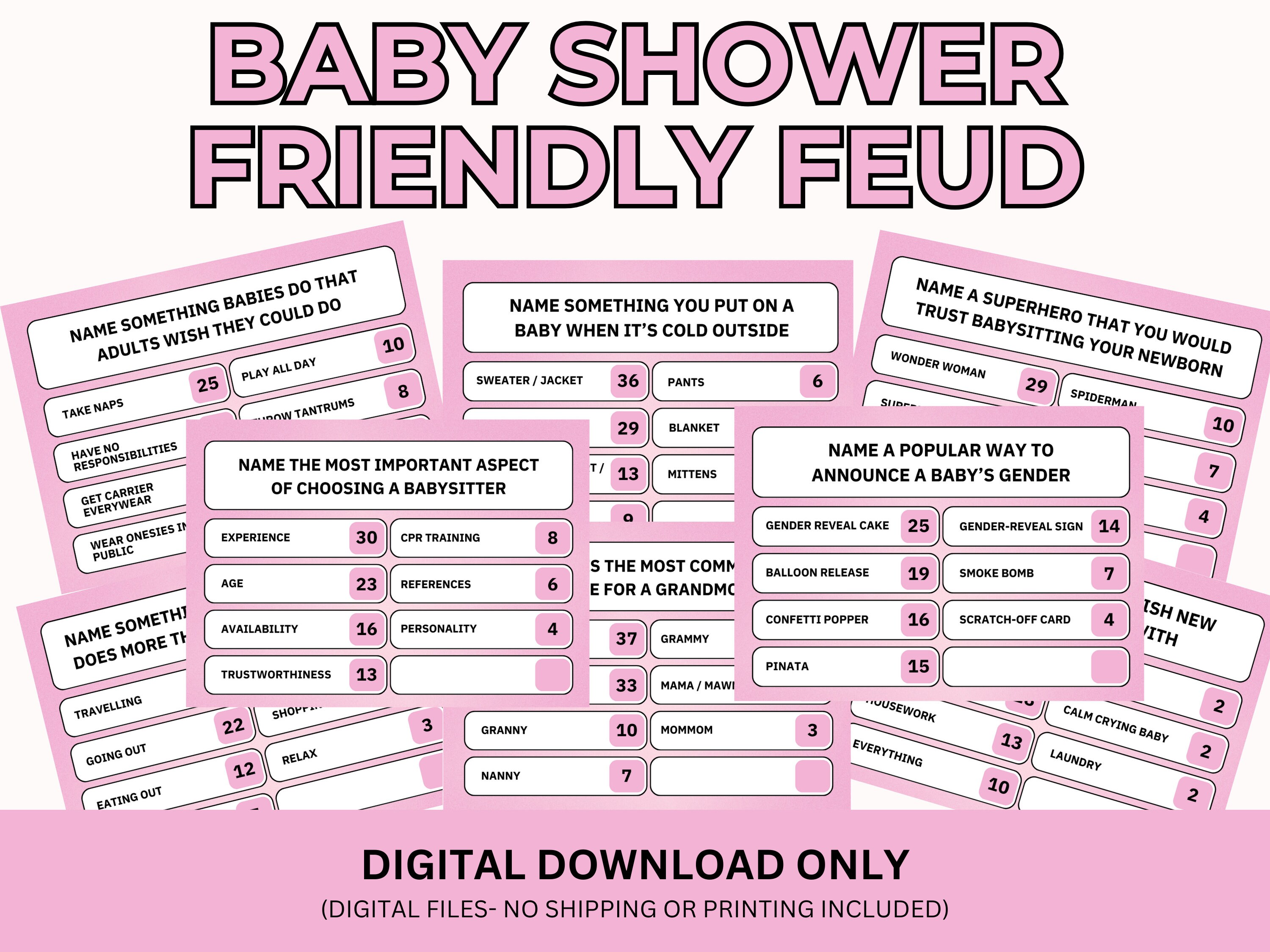 Printable Baby Shower Friendly Feud Game | Baby Shower Game Printable ...