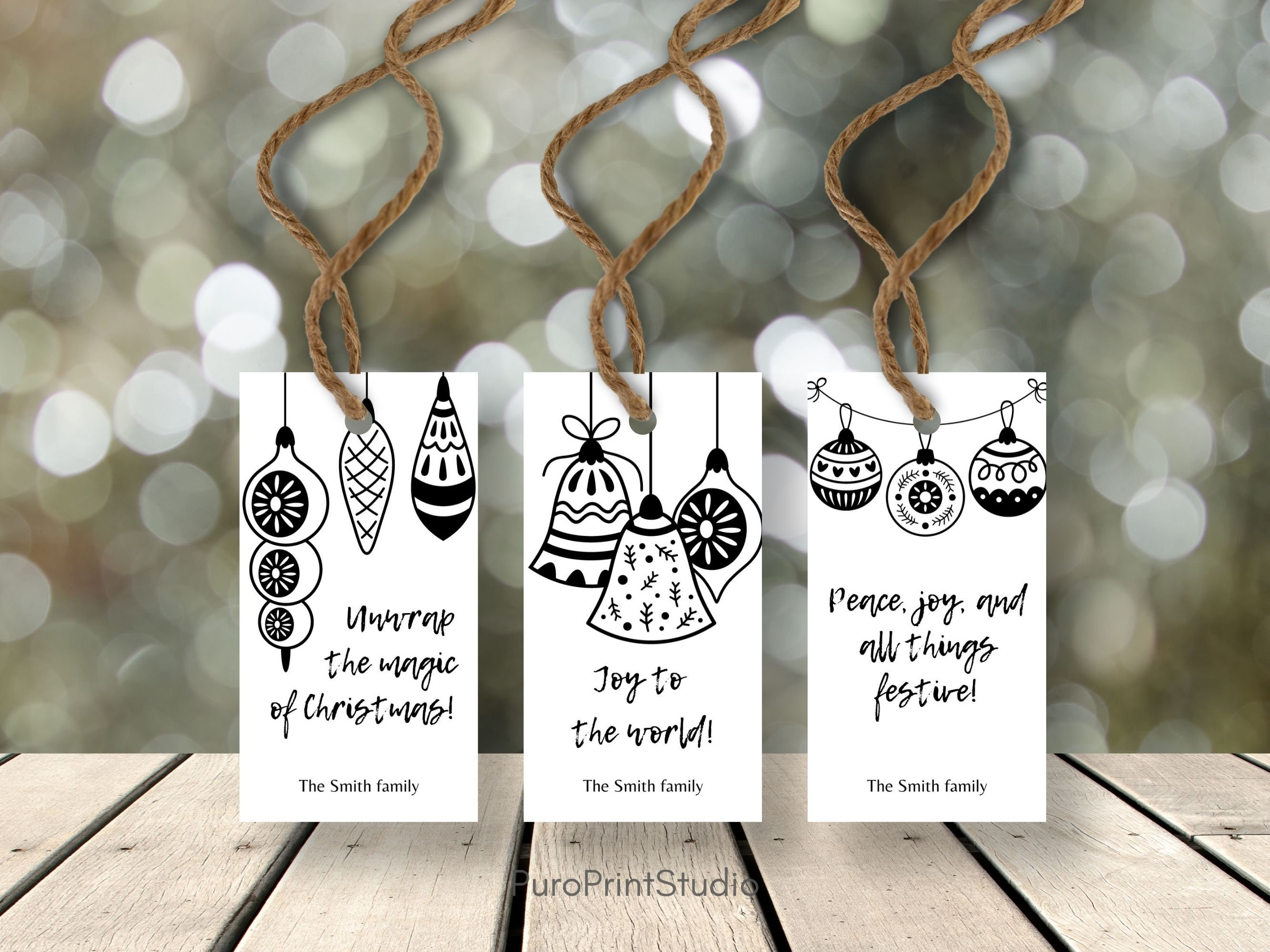 Printable Ornament Christmas Gift Tags in Black and White, Set of 6 ...