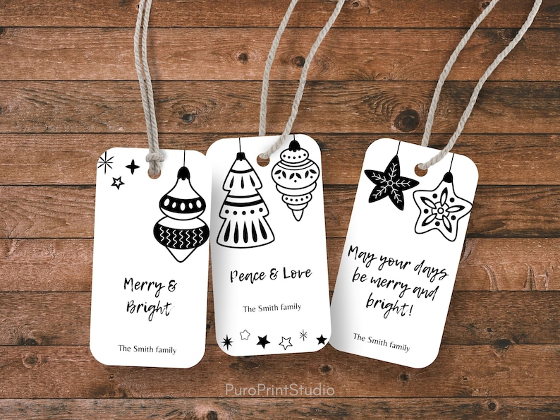 Printable Ornament Christmas Gift Tags in Black and White, Set of 6 ...