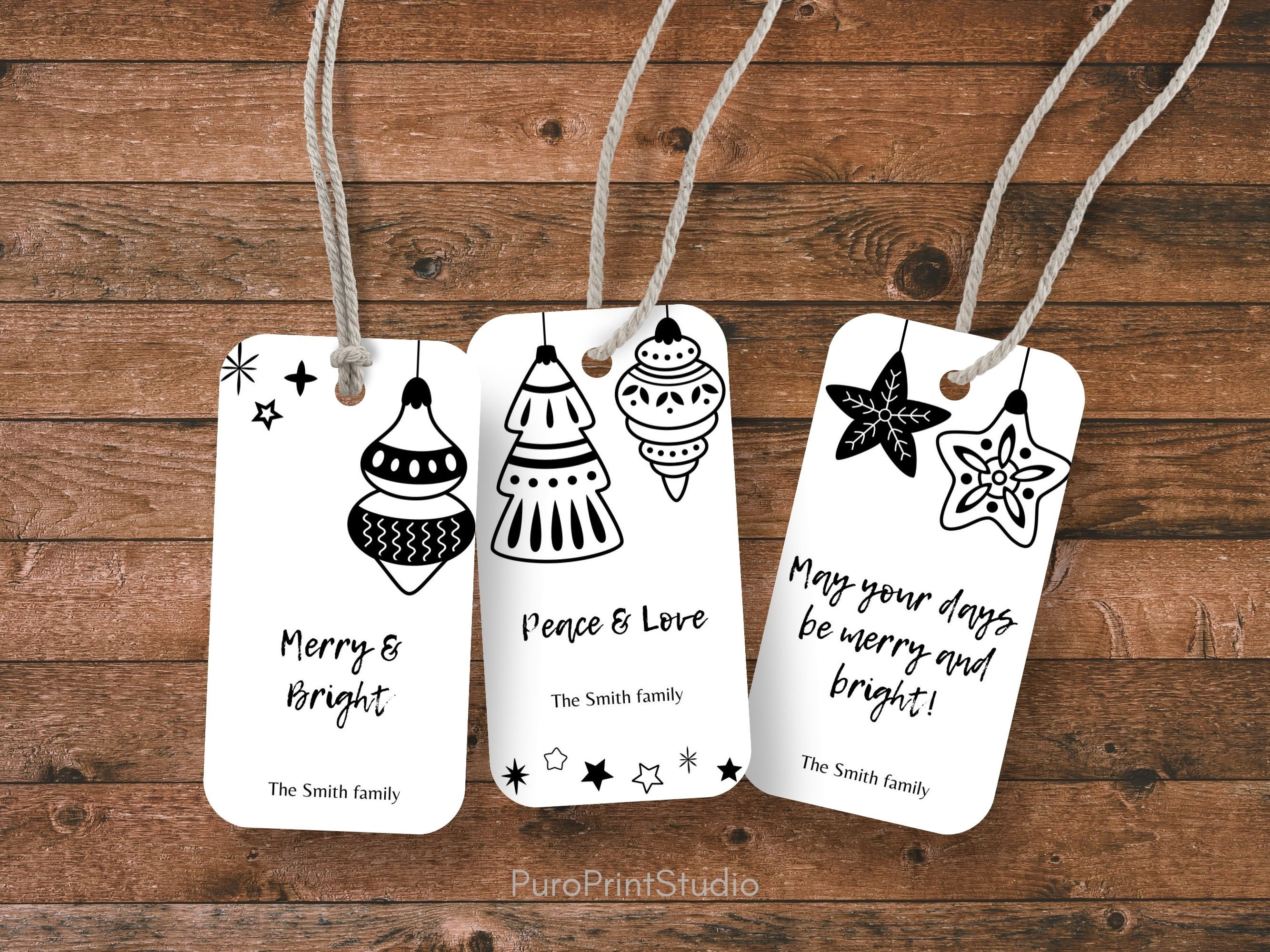 Printable Ornament Christmas Gift Tags in Black and White, Set of 6 ...