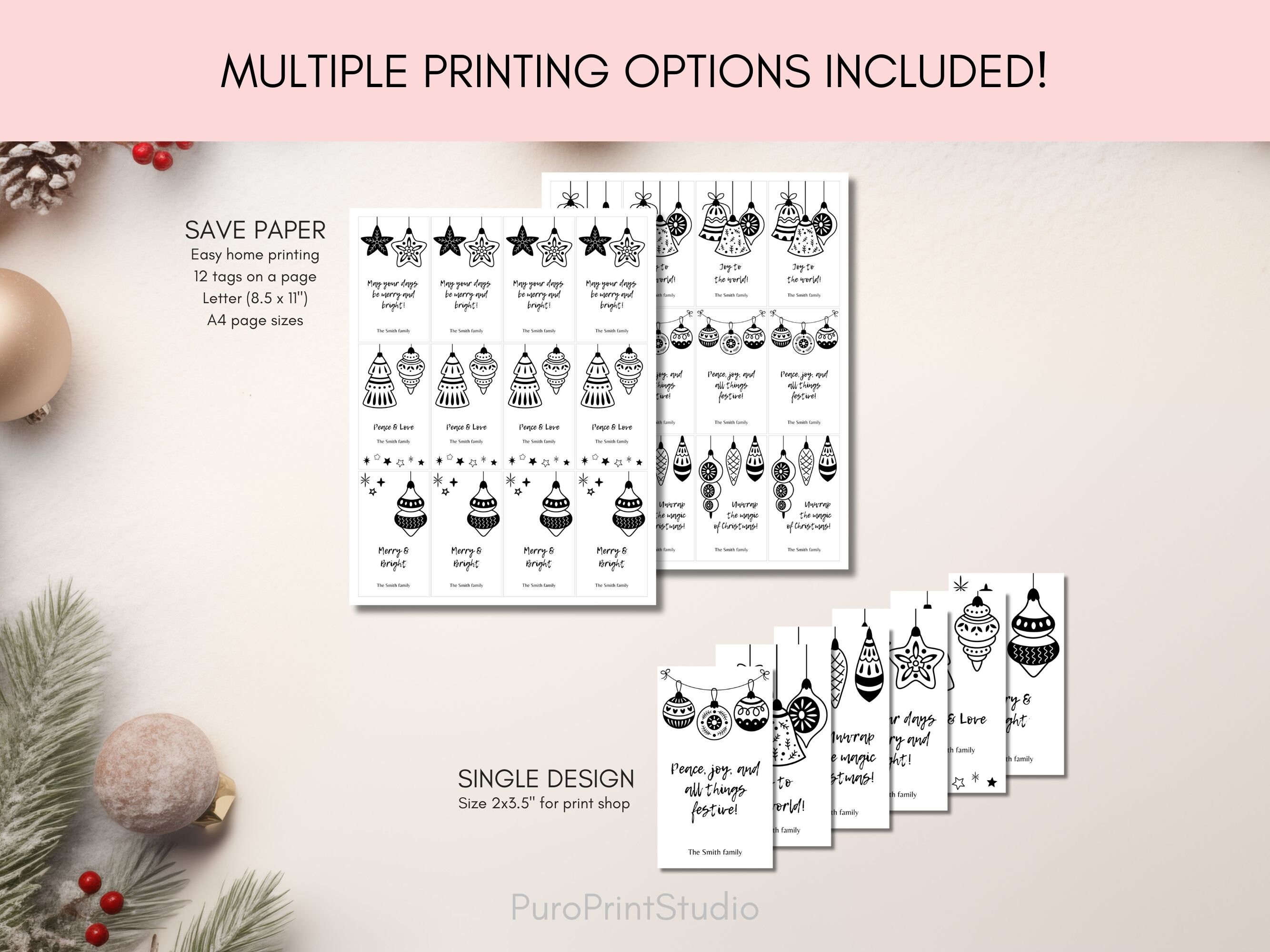 Printable Ornament Christmas Gift Tags in Black and White, Set of 6 ...